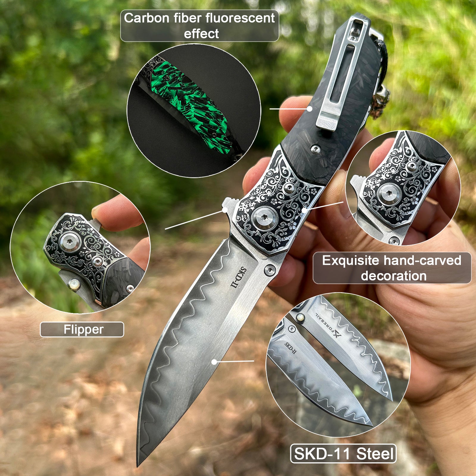 FORESAIL Flipper Pocket Folding Knife,SKD11 Steel Blade and Wood Handl ...